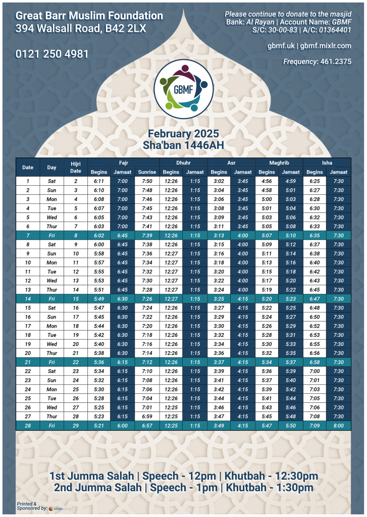 Prayer Timetable - Great Barr Muslim Foundation